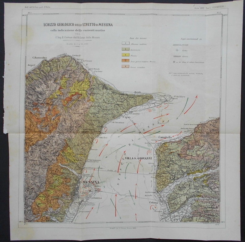 1882 Map Strait of Messina Italy. Currents Geology "schizzo Geologico ...