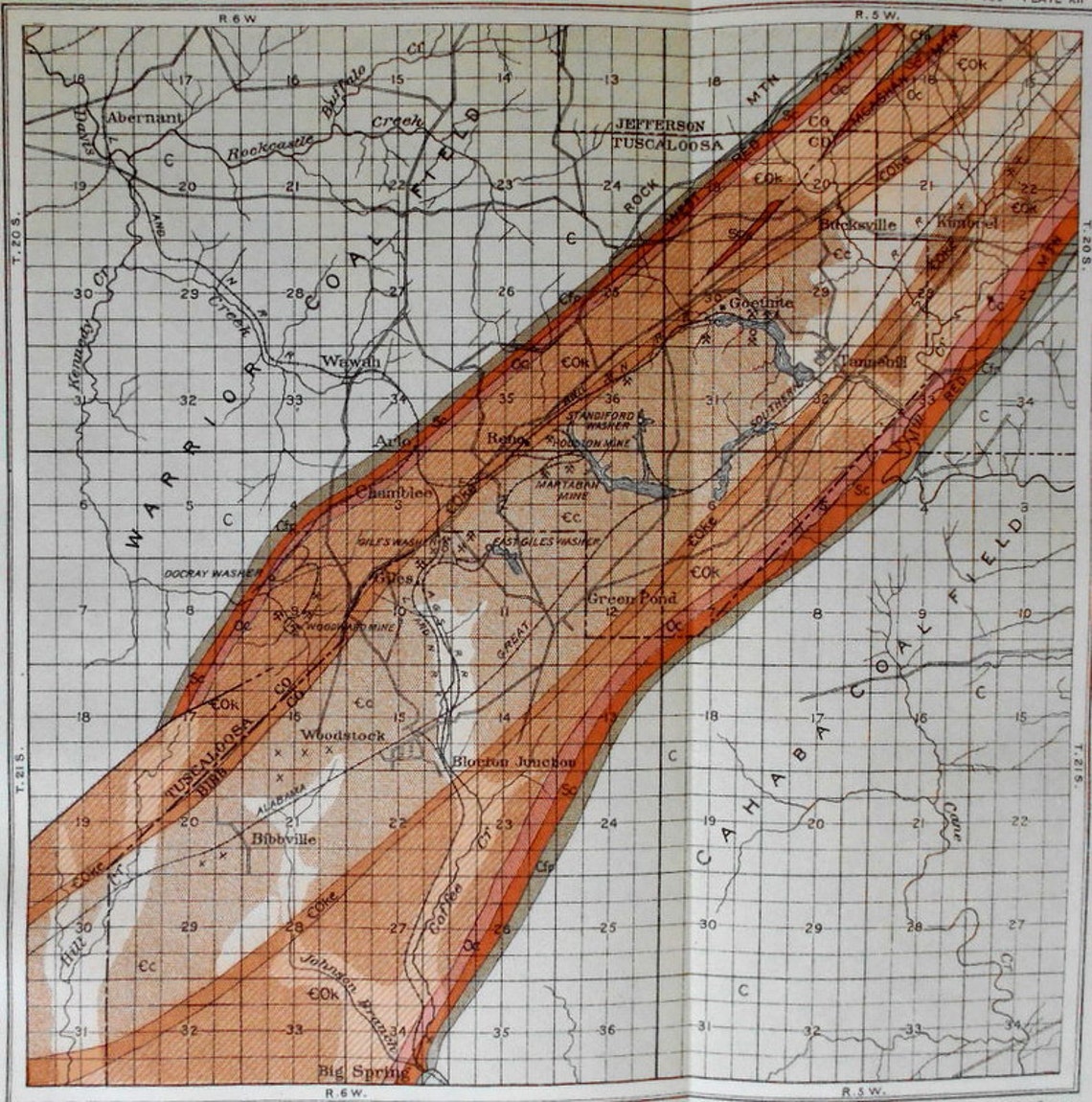 1910 Alabama AL Geologic Map of Woodstock Brown Ore Area Between ...