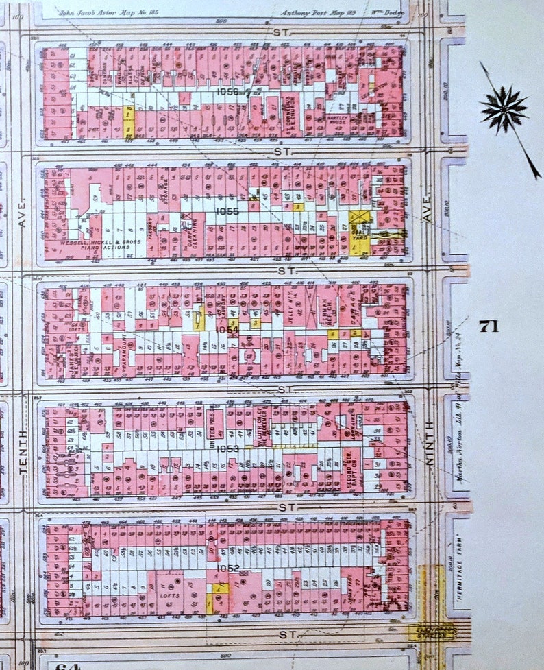 1916 Hell's Kitchen Midtown Manhattan NYC Street Map. New York City ...