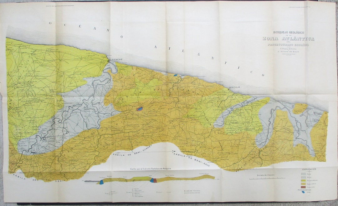 1917 Spanish Morocco Map Alcazar, Larache, Asilah. Scarce Geological ...