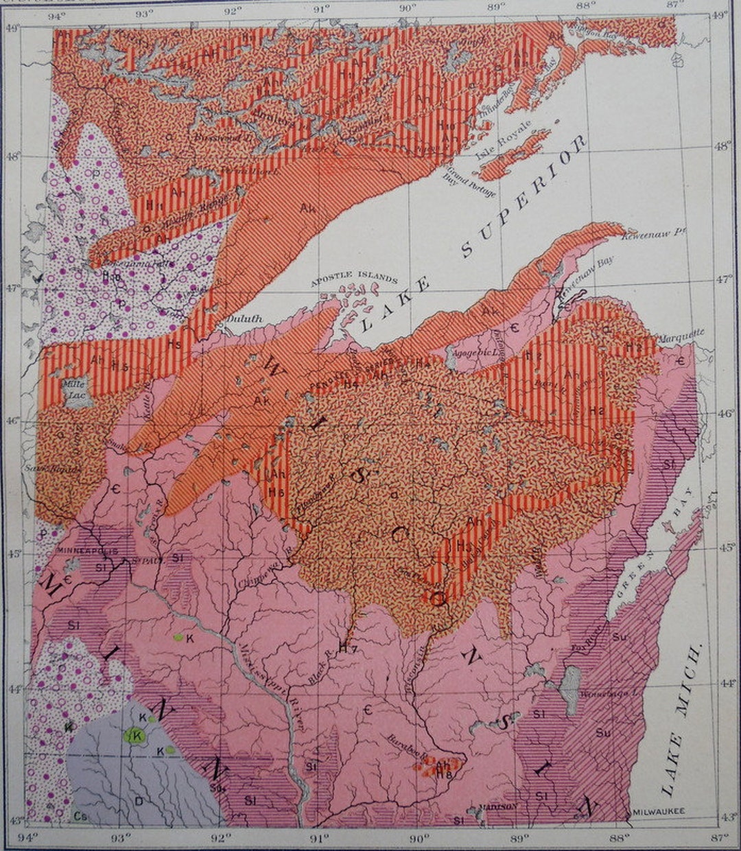 1890: Northwest Wisconsin Minnesota Lake Superior Geological Map. Green ...