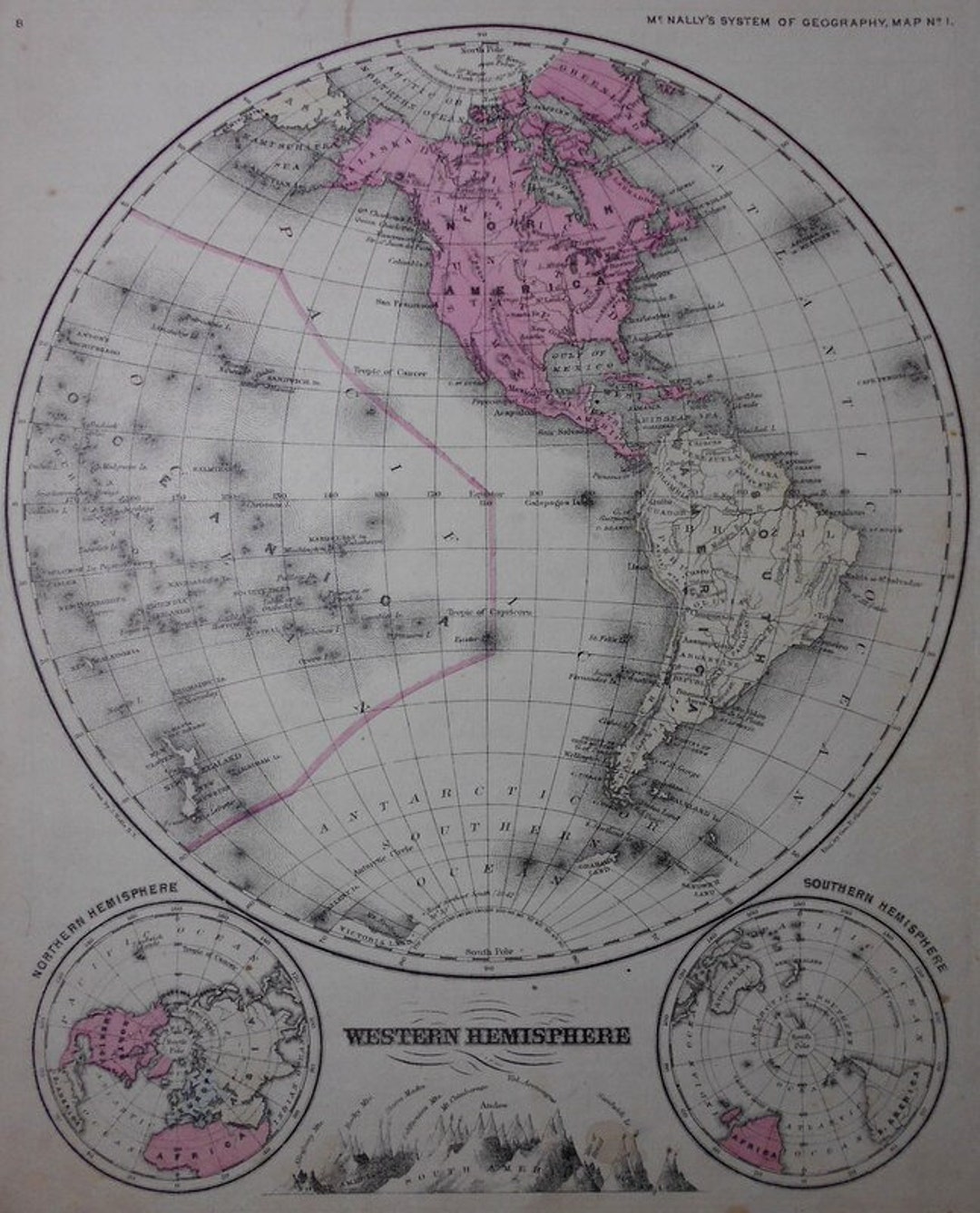 1876 World Map: Western Hemisphere north & South America, Oceanica ...