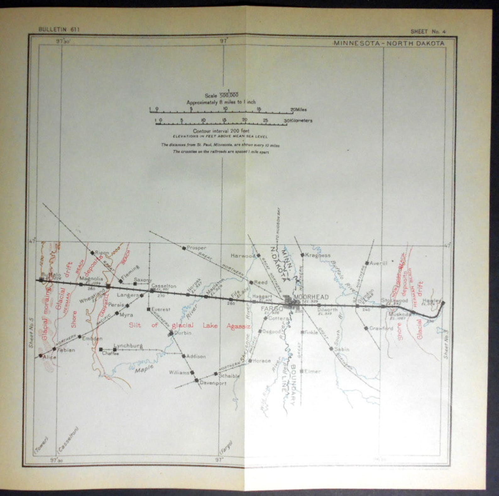 1915 Railroad Map: Fargo, Casselton North Dakota ND, Moorhead, Hawley ...