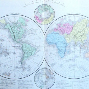 1887 World Map Mappe-monde, Eastern & Western Hemisphere Also Shows ...