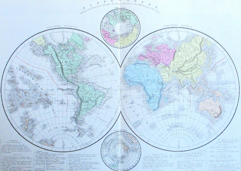 1887 World Map Mappe-monde, Eastern & Western Hemisphere Also Shows ...