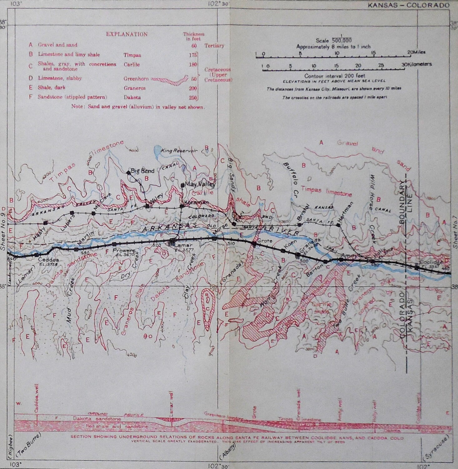 1915 Colorado Railroad Antique Mapamity, Granada, Lamar, Wiley, Prowers ...