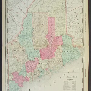 1895 Maine State Map Showing Counties, Towns and Railroad Lines. Large ...