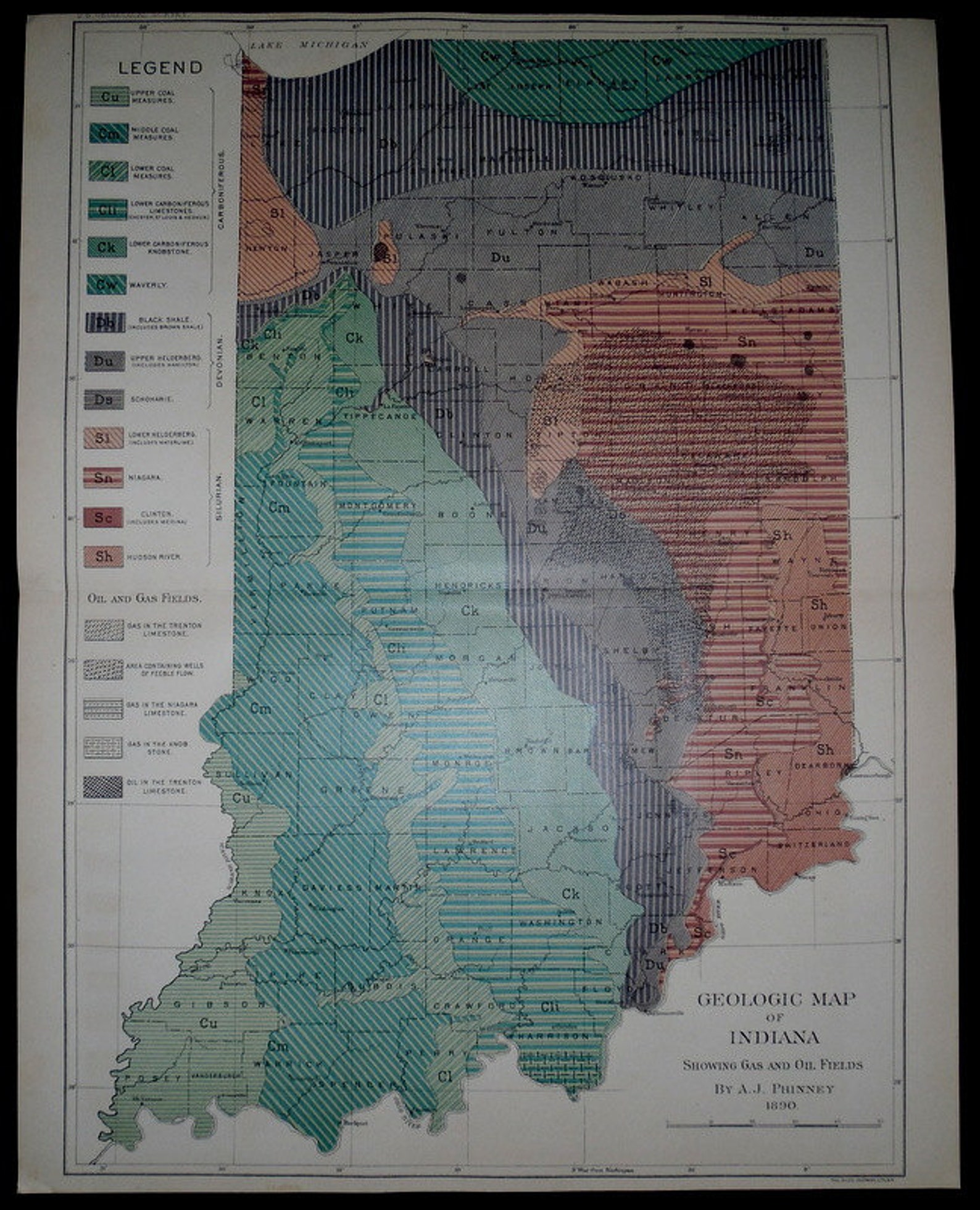 Indiana Map Gas and Oil Fields. Antique Geologic Map by AJ Phinney ...