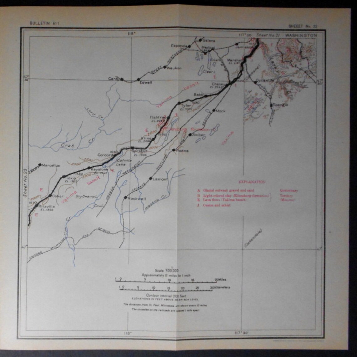 1915 Railroad Map Ritzville, Tokio, Keystone, Fishtrap, Babb, Marshall ...