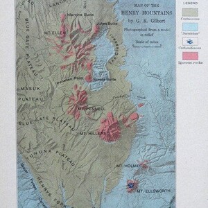 1908 Map Henry Mountains Utah UT. Volcanism, Mt Pennell, Hillers ...