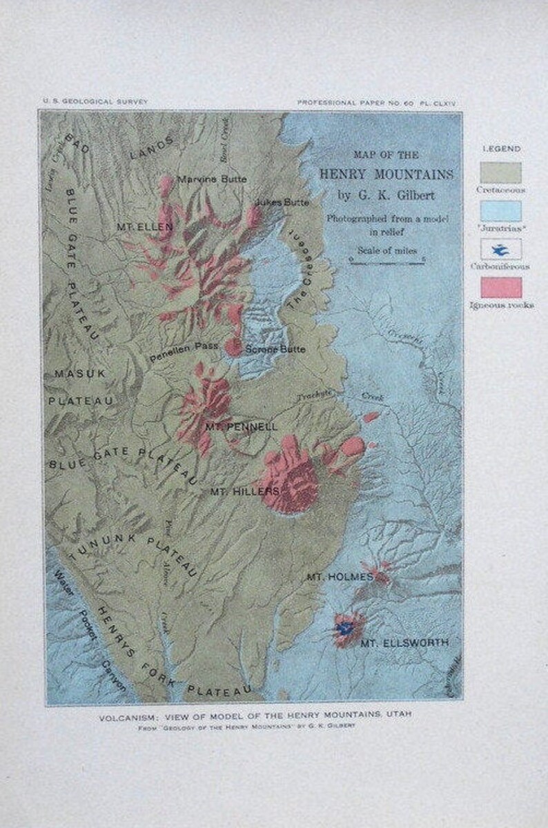 1908 Map Henry Mountains Utah UT. Volcanism, Mt Pennell, Hillers ...