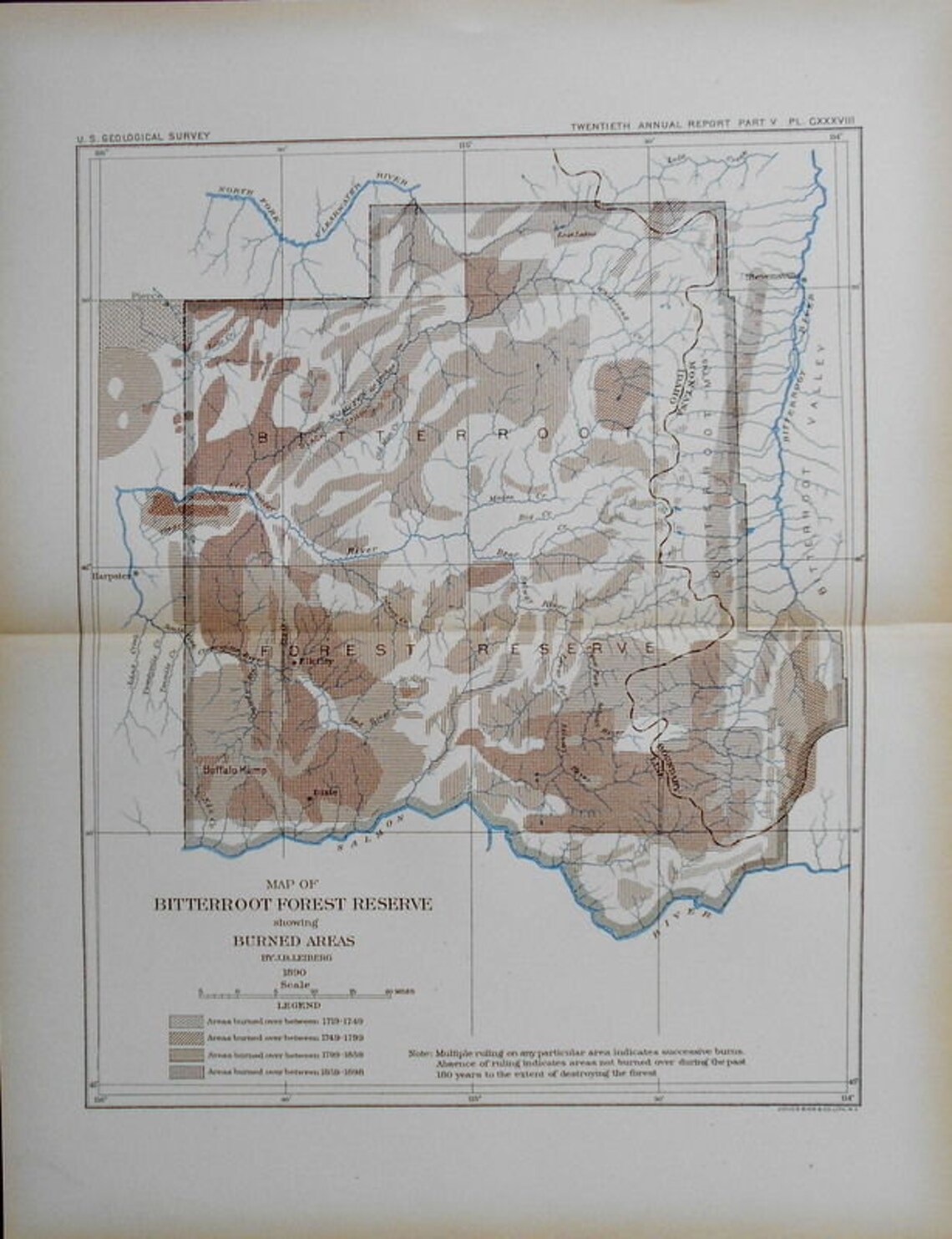 1900 Bitterroot Forest Reserve Map Showing Burned Areas. Dixie, Elk ...