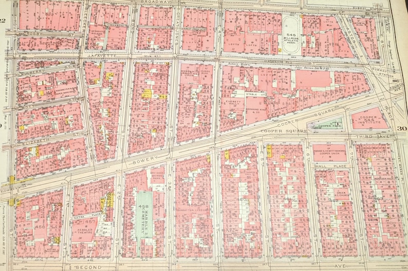 1916 NOHO, Bowery Map in Lower Manhattan, Cooper Union & Square ...