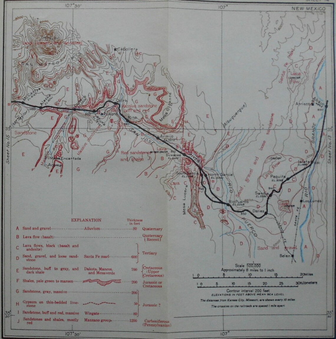 1915 Railroad Map New Mexico Santa Fe Railway Atrisco, Isleta, Paquita ...