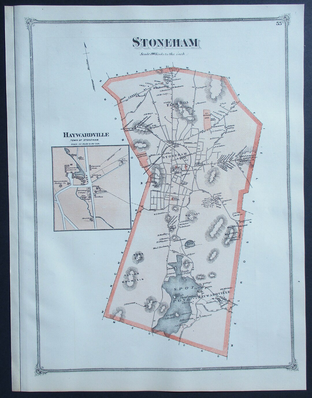 1875 Stoneham Massachusetts Town Map. Spot Pond, Railroads, Inset of ...