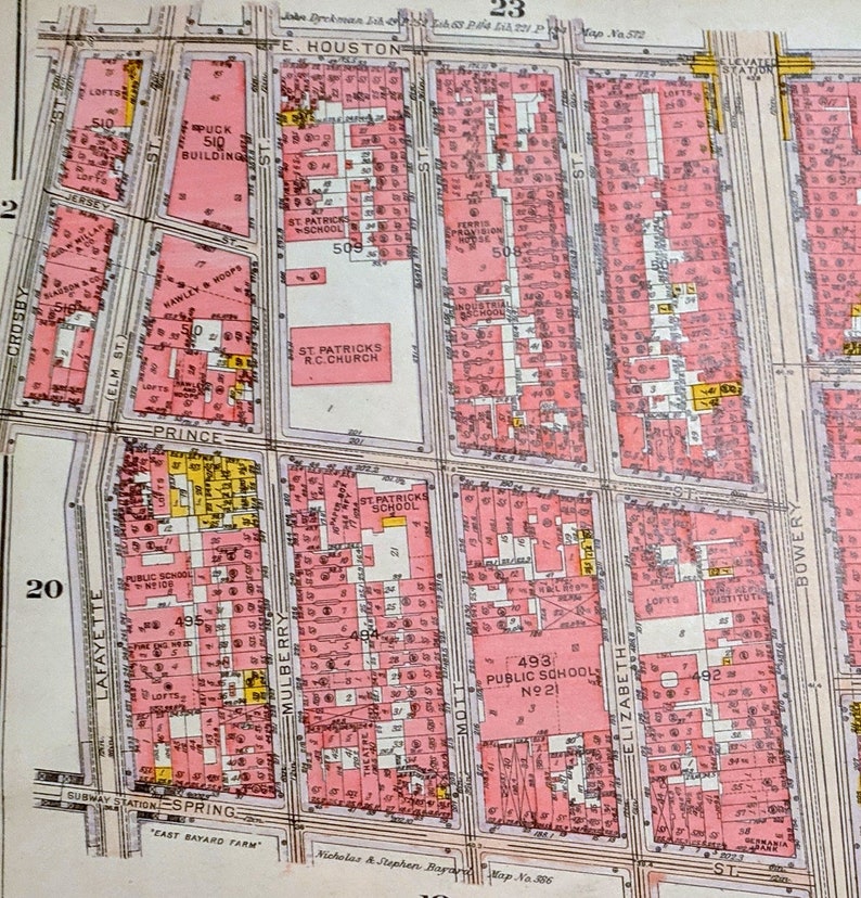 1916 Bowery Area of NYC Street Map, Lower East Side New York City From ...