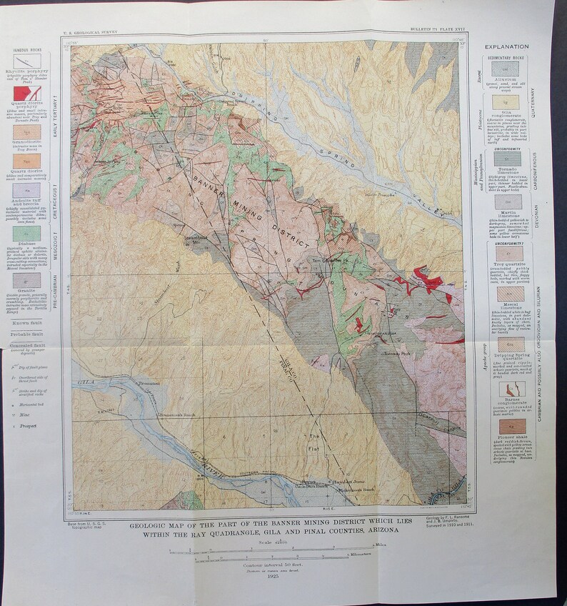 1925 Banner Mining District Arizona Geological Map of Gila & Pinal ...