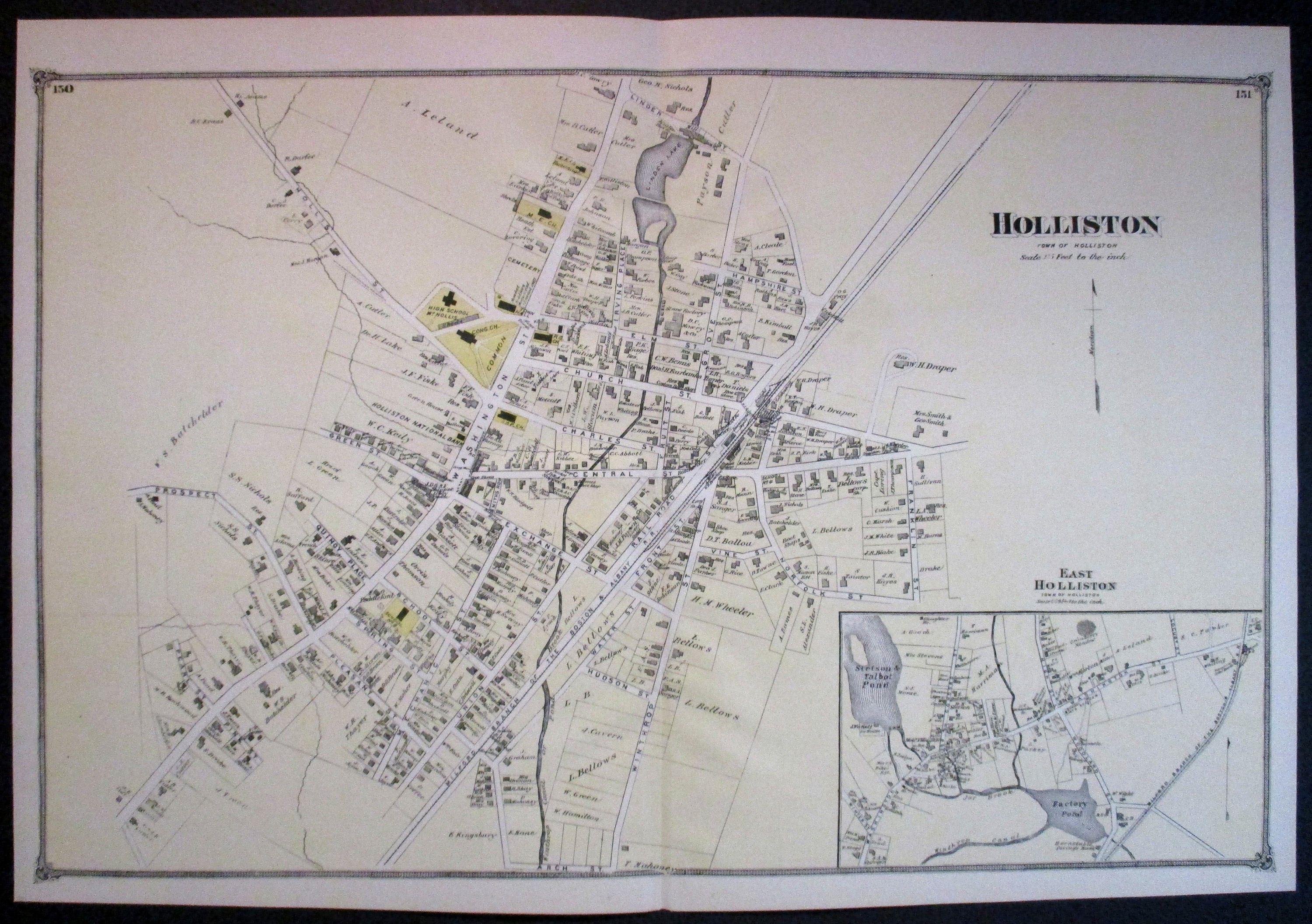 1875 Holliston Massachusetts & East Holliston. Linden Lake ,railroads ...