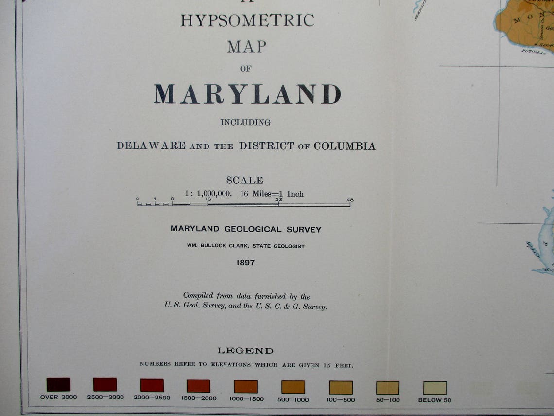 1897 Maryland MD Antique Hypsometric Map Showing Elevation, Including ...