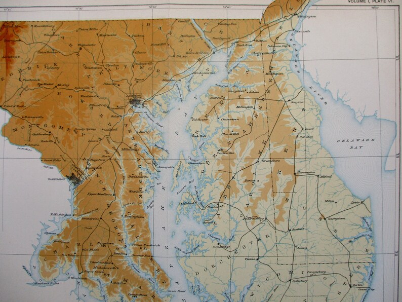 1897 Maryland MD Antique Hypsometric Map Showing Elevation, Including ...