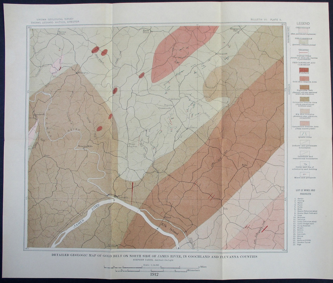 1912 Virginia Gold Belt on James River. Mines, Prospects. Goochland ...