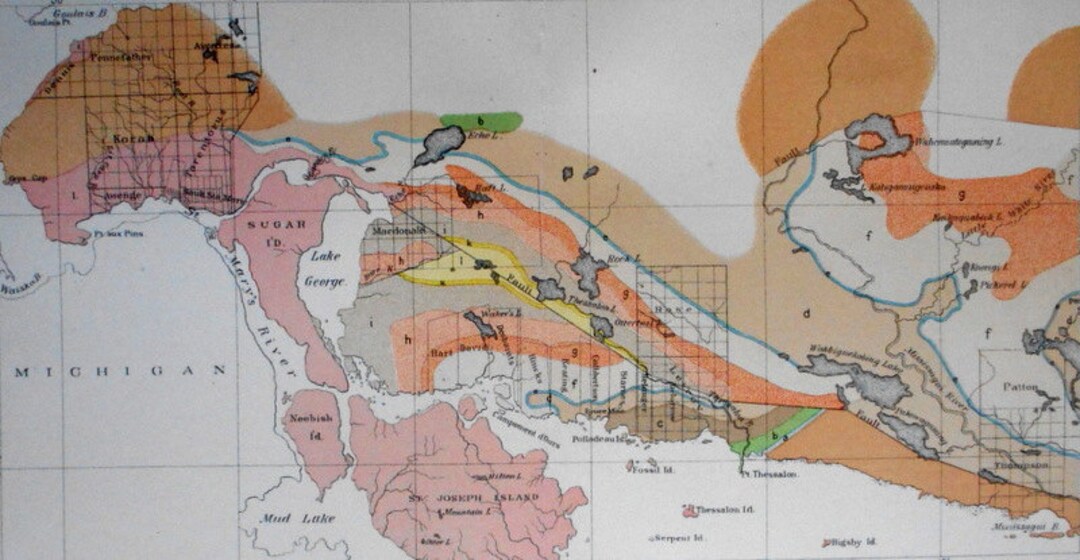 1892 Canada, East and North of Michigan. Geological Map of Original ...