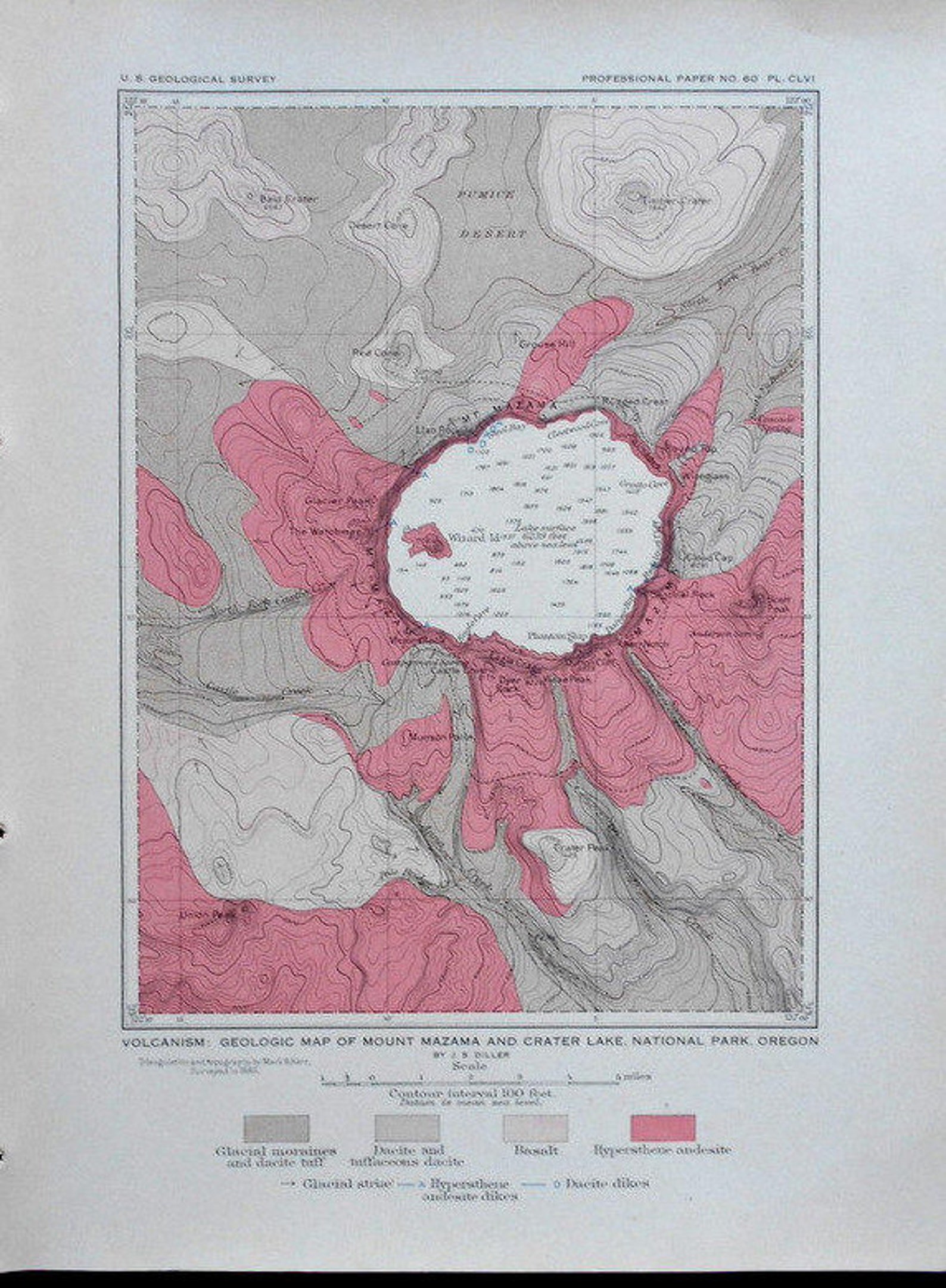 1908 Map: Crater Lake & Mount Mazama, Glacier Peak, the Watchmen ...