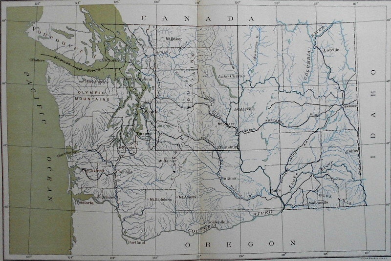 1899 Map Washington WA State: Cities, Mountains, Rivers. Julius Bien ...