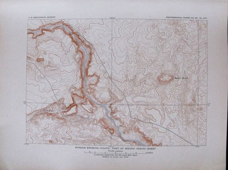1908 Snake River and Basalt Butte Map Near Bisuka,idaho, ID. Original ...