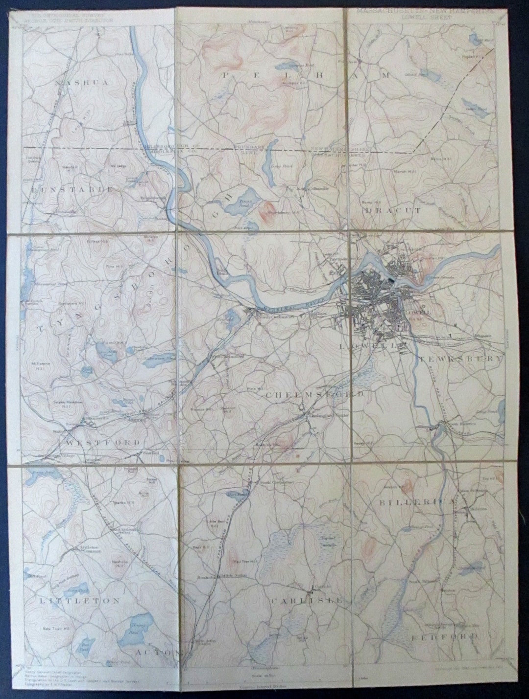 Lowell, Massachusetts Area Antique 1912 Map. Dissected & Cloth-mounted ...