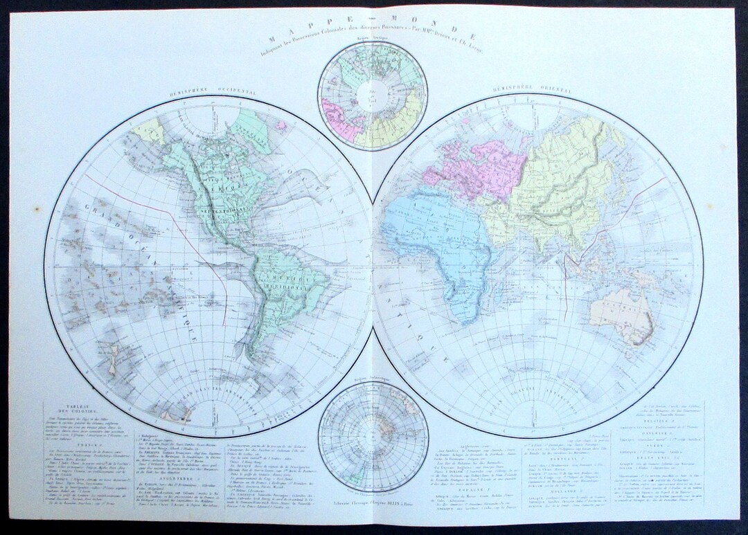 1887 World Map Mappe-monde, Eastern & Western Hemisphere Also Shows ...