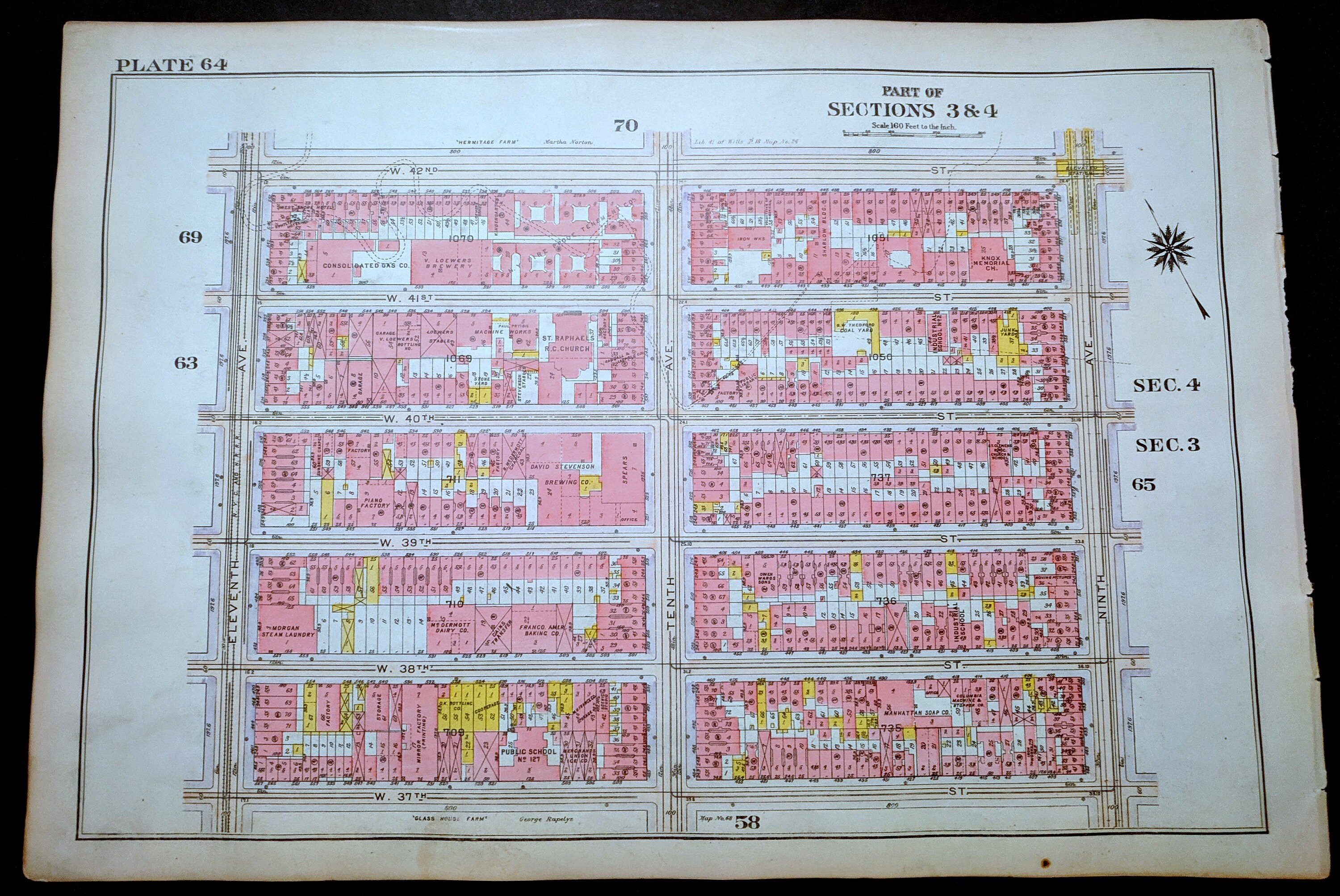 1916 Hell's Kitchen Midtown Manhattan NYC Street Map. New York City ...