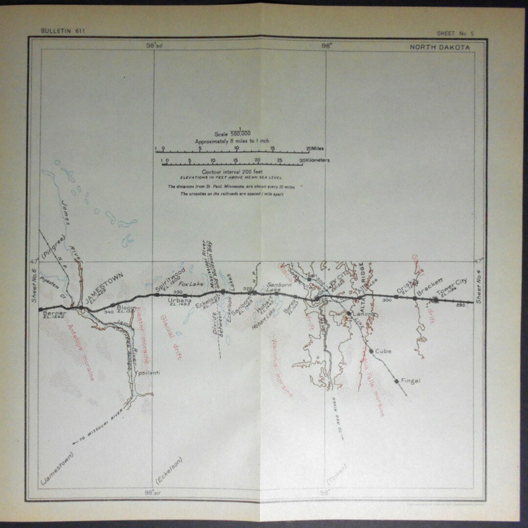 1915 Railroad Map Tower City, Oriska, Valley City, Urbana, Jamestown ...