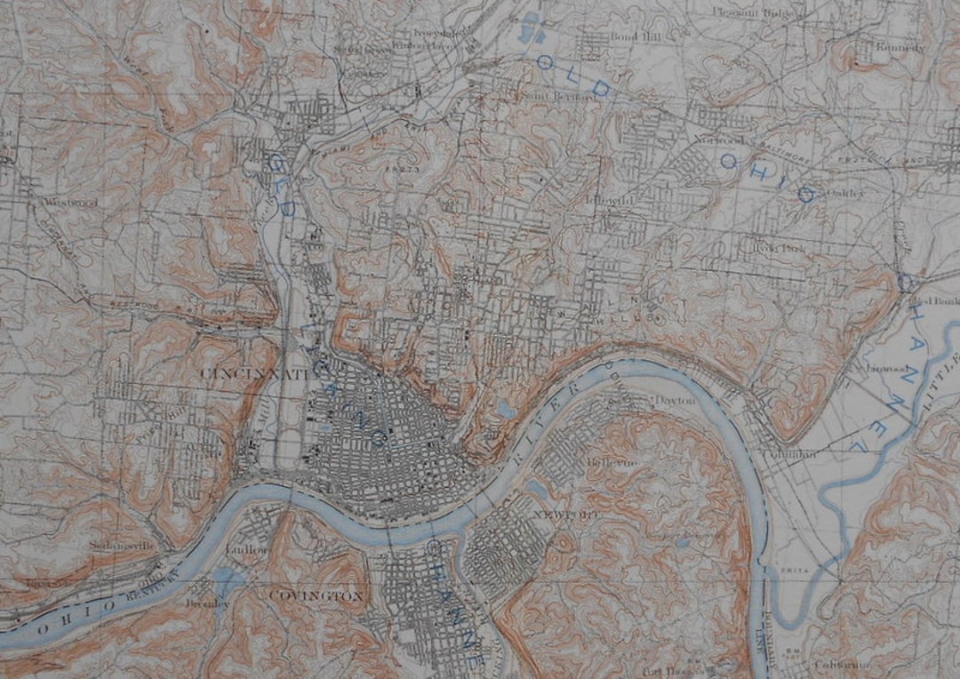 1908 Map: Cincinnati, Ohio River, Covington, Cheviot, Mount Washington ...