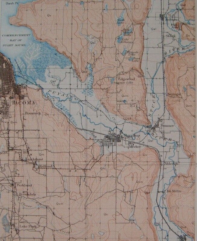 1908 Tacoma Washington Antique Map: Puyallup & Stuck Rivers, Puget ...