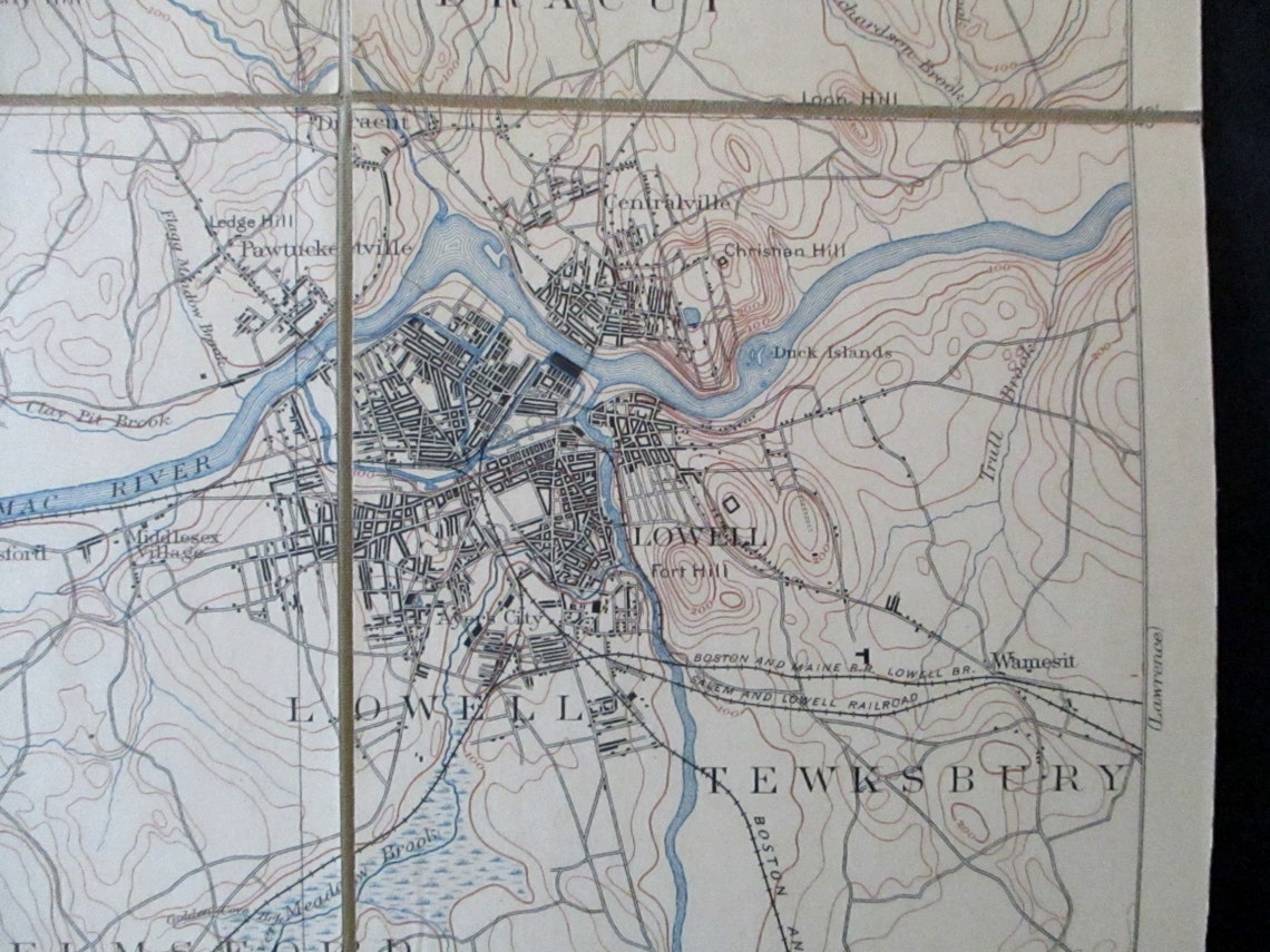 Lowell, Massachusetts Area Antique 1912 Map. Dissected & Cloth-mounted ...