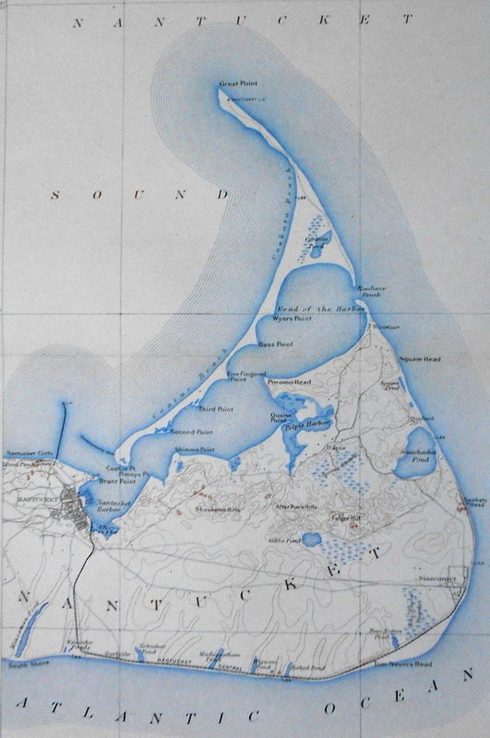 1908 Antique Map Nantucket Island Harbor Sound. Coatue & Coskata Beach ...