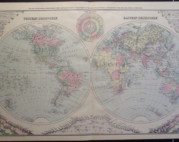 1890 Large World Hemispheres Map, Original Handcolored Antique Map ...