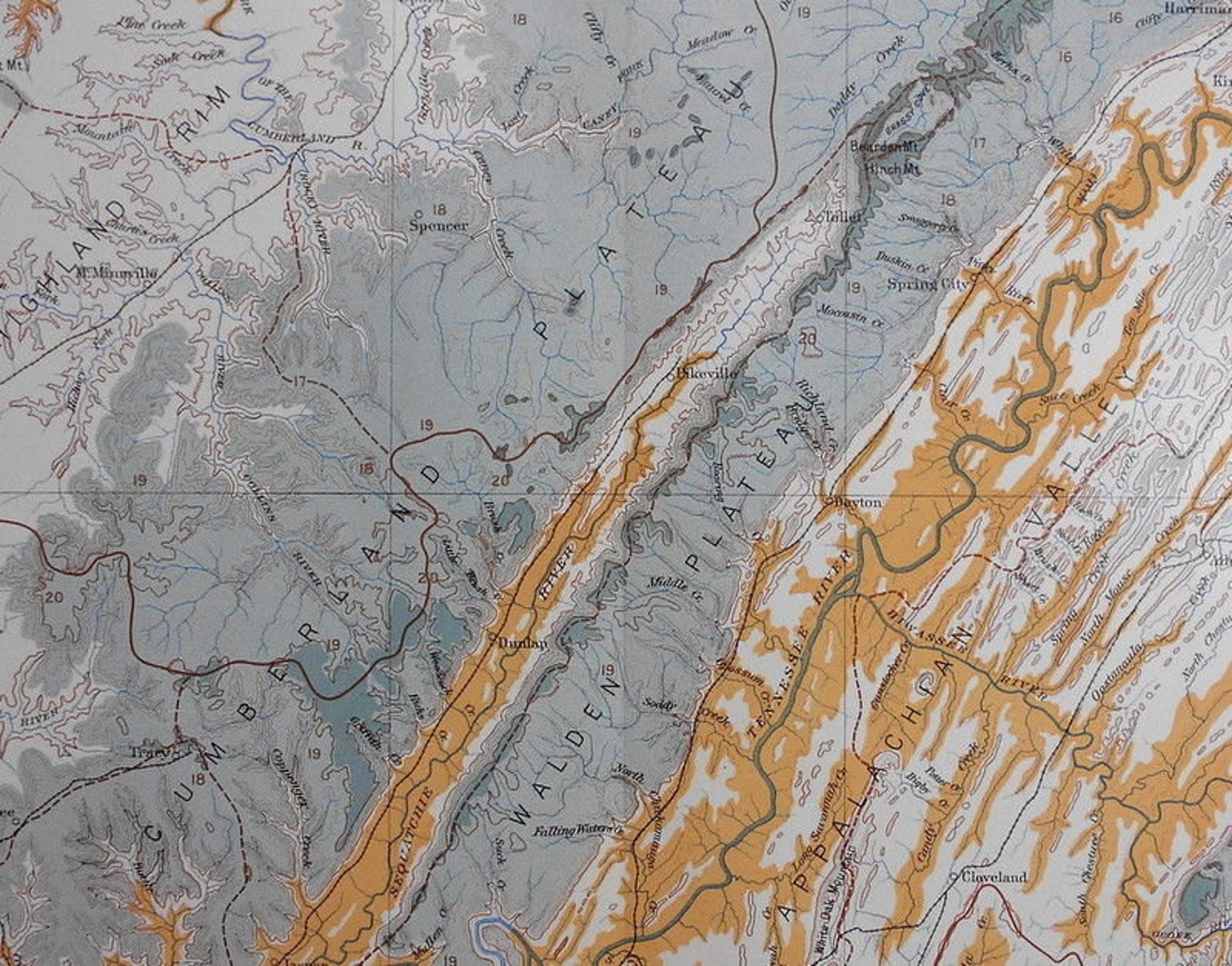 1899 Appalachians Map Peneplains of the Northern Chattanooga - Etsy