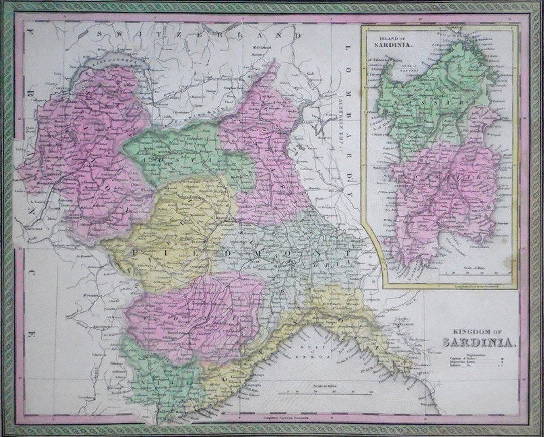 1850 Sardinia Original Map Kingdom & Island by Cowperthwait/mitchell ...