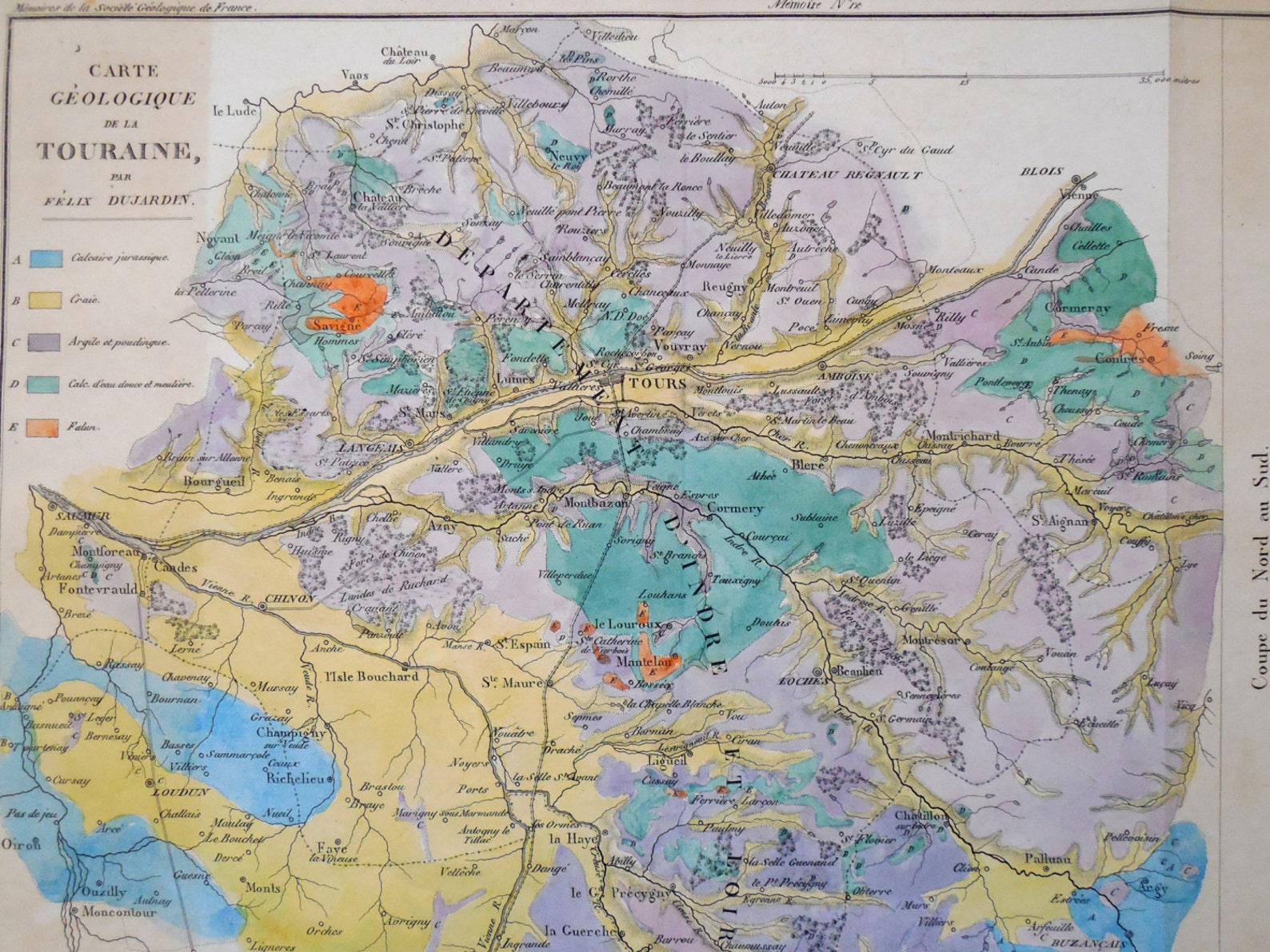 1837 Touraine France Antique Geological Map by Dujardin. Vintage ...