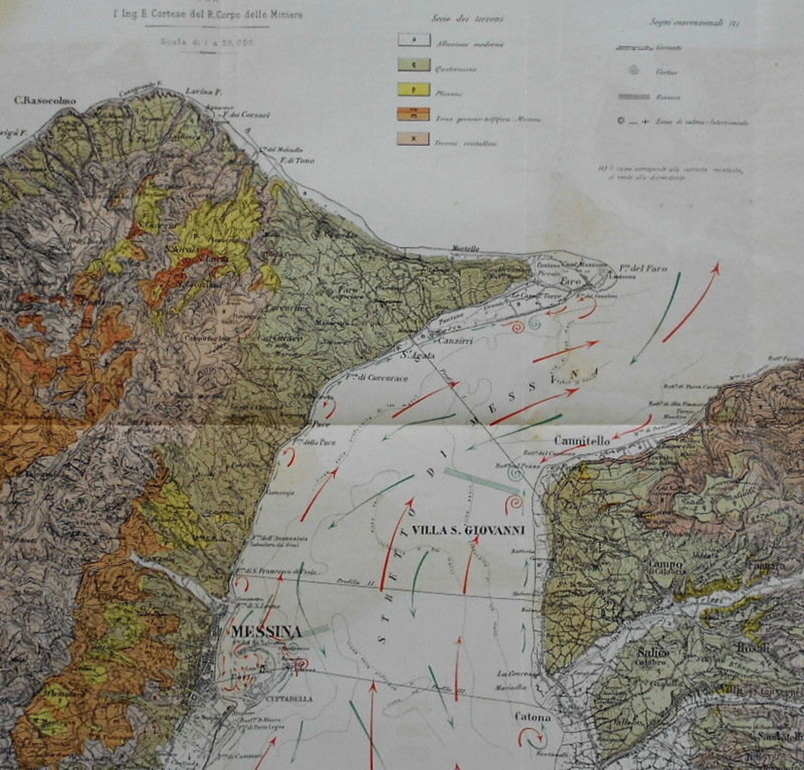 1882 Map Strait of Messina Italy. Currents Geology "schizzo Geologico ...