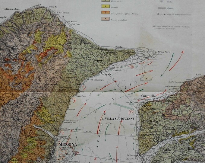 1882 Map Strait of Messina Italy. Currents Geology "schizzo Geologico ...