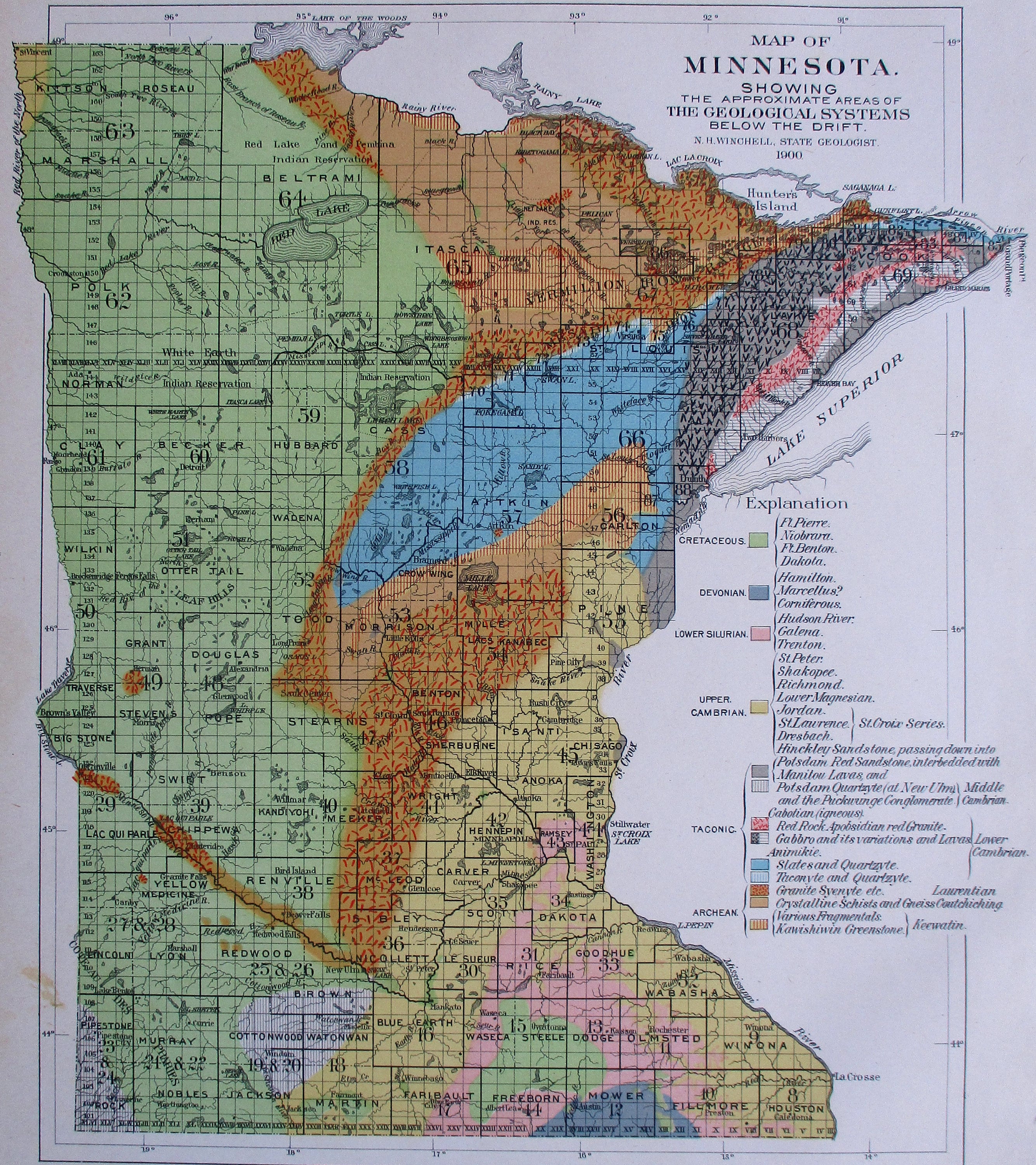 1901 Minnesota Scarce Original Map by NH Winchell Showing Geological ...