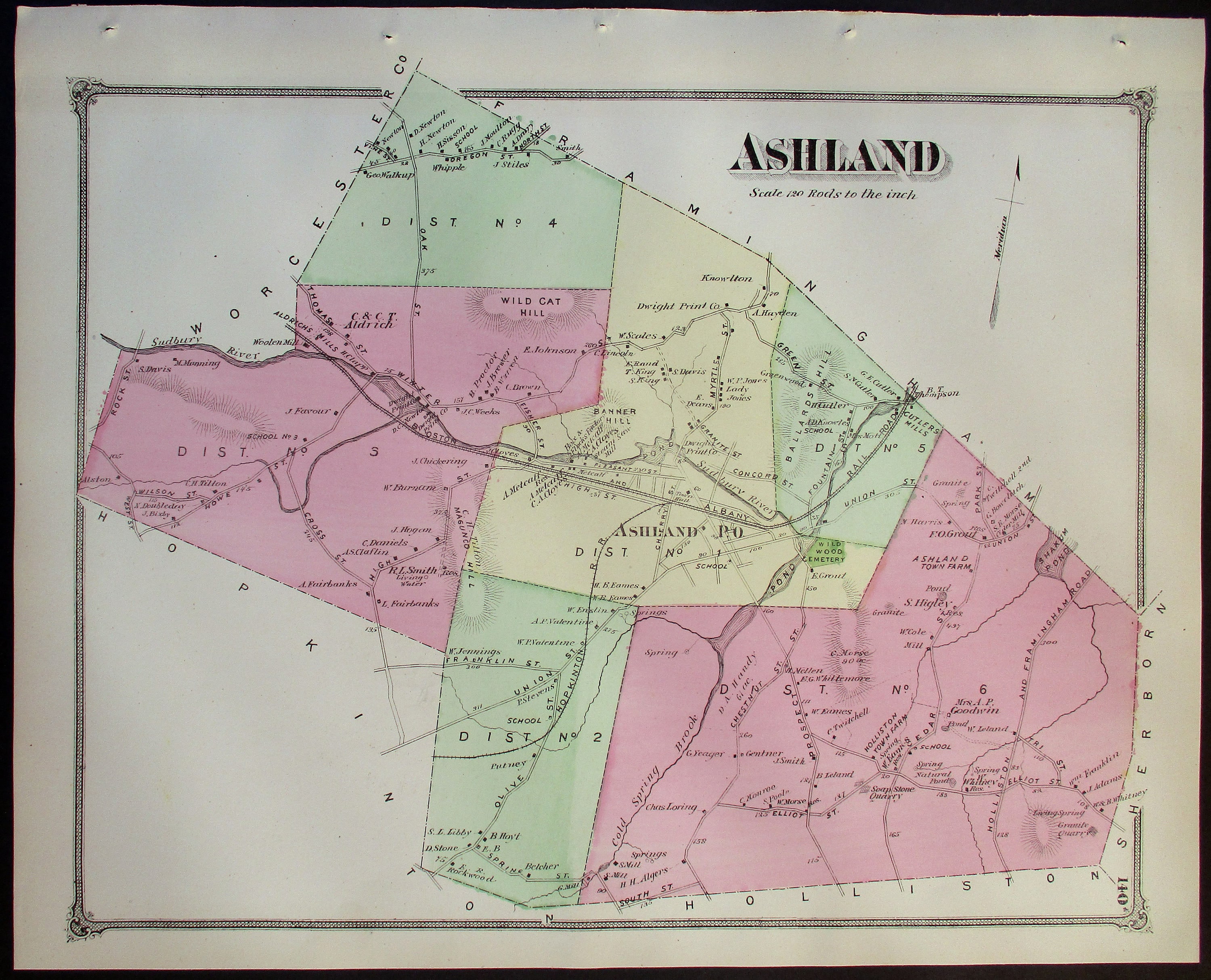 1875 Ashland Massachusetts Town Map, Sudbury River, Shakum Pond ...