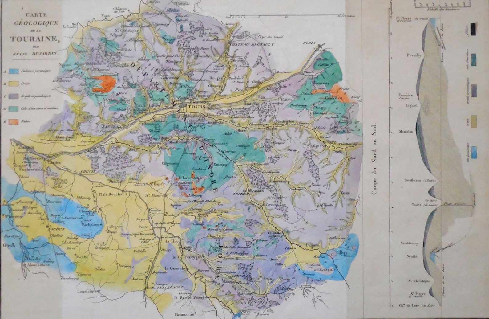 1837 Touraine France Antique Geological Map by Dujardin. Vintage ...