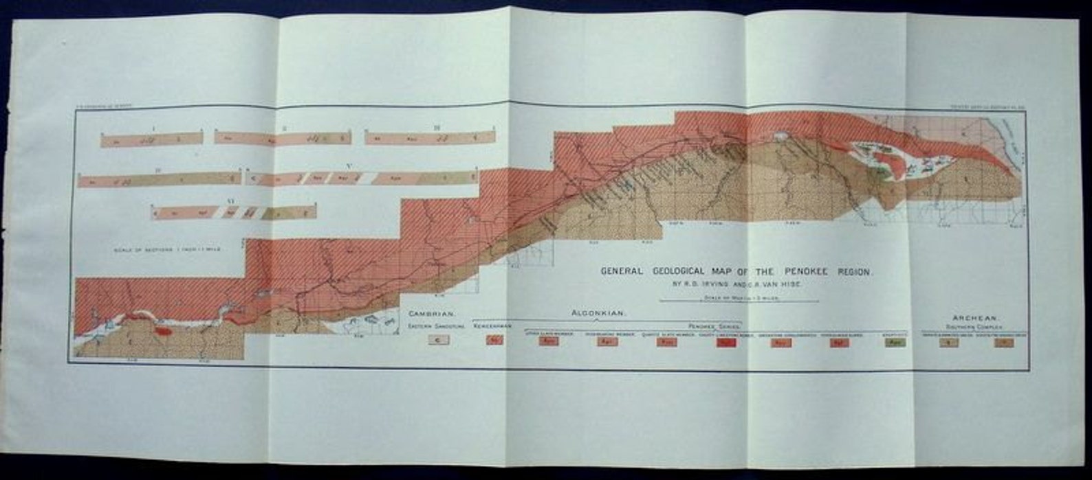 1890 Large Antique Geological Map of the Penokee Great Lakes Region ...