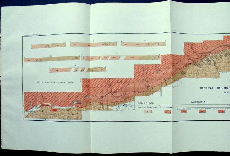 1890 Large Antique Geological Map of the Penokee Great Lakes Region ...