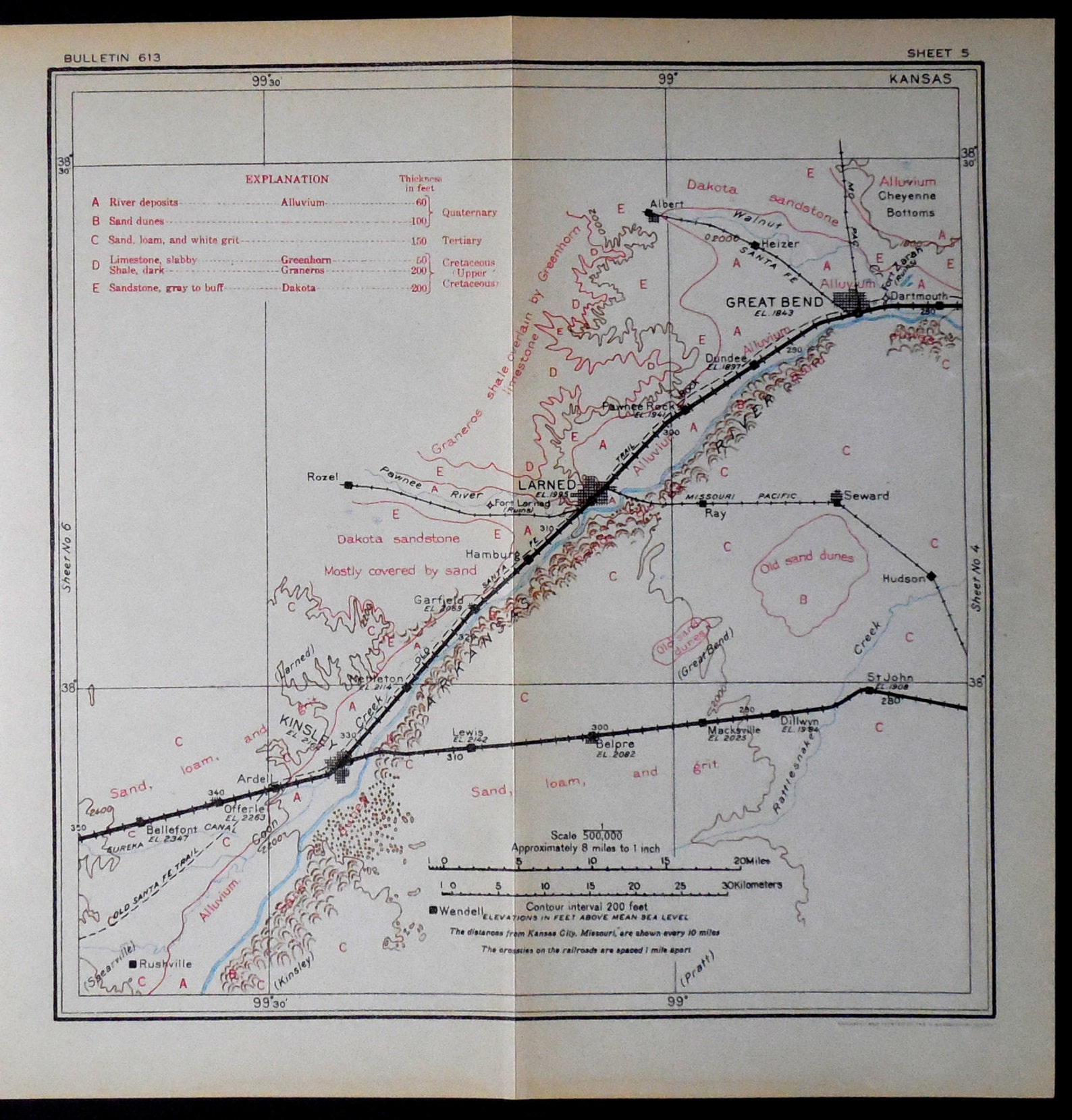 1915 Antique Kansas Railroad Map Great Bend, Larned, Kinsley, Heizer ...