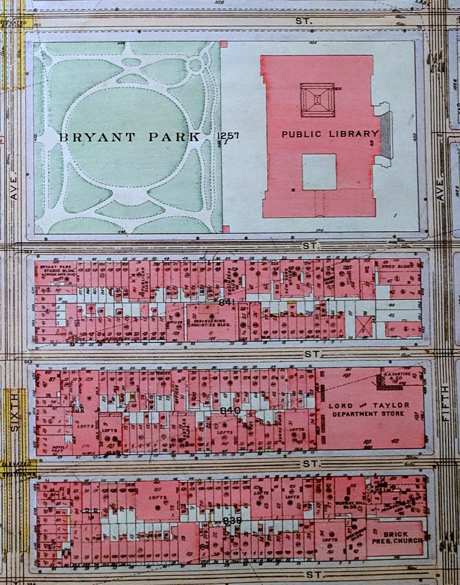 1916 Bryant Park Area Midtown Manhattan NYC Street Map. New York City ...